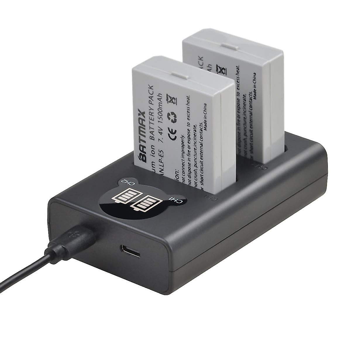 Batmax 2Packs LP-E5 Battery + LCD Dual USB Charger with Type C Port for Canon EOS Rebel XS, Rebel Xsi, Rebel T1i, 1000D, 500D, 450D, Kiss F, Kiss X2, Kiss X3