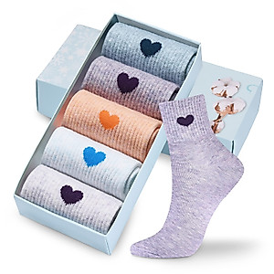 Corlap Women's Cotton Crew Athletic Running Socks - Ankle High, Fun Cute Novelty Heart Design (5-Pairs Gift Box)