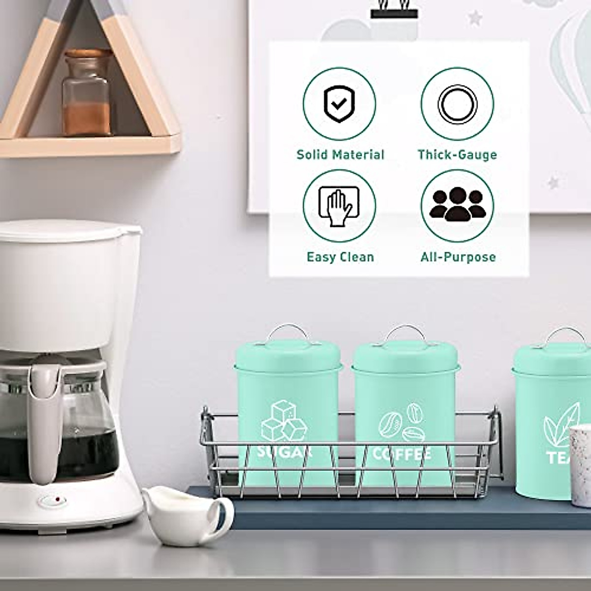 E-far Canister Sets for Kitchen Counter, 3-Piece Metal Tea Coffee Sugar Canister with Airtight Lid for Food Storage, Farmhouse Style & Small Size (6.1” x 4”)-Turquoise