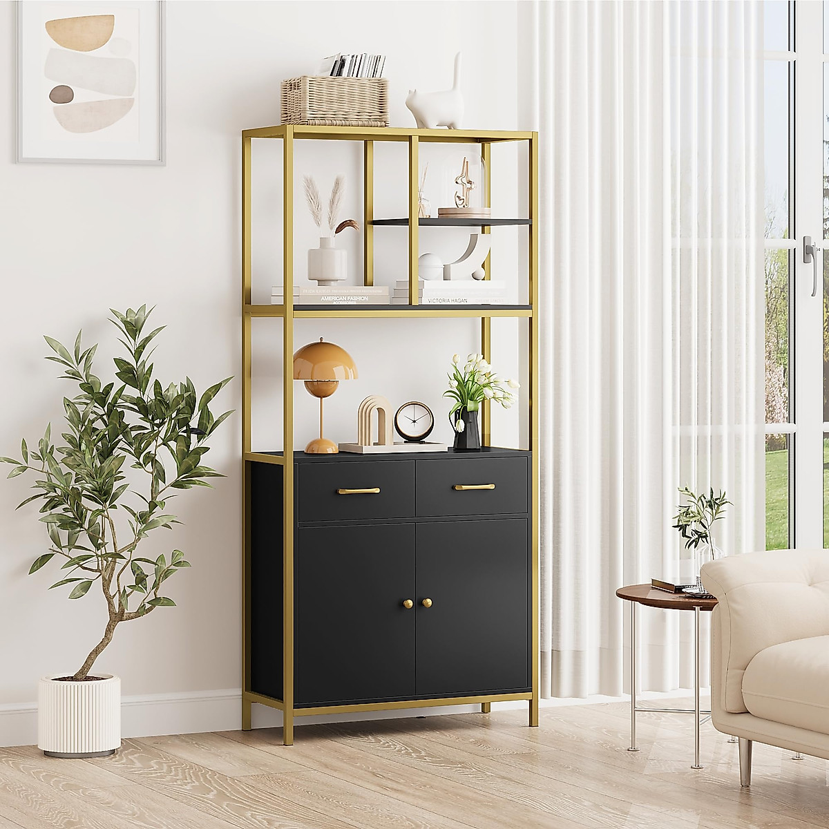 HITHOS 71" Tall Bookshelf, Modern White and Gold Bookcase, Book Shelves with Drawers and Storage Cabinet, Metal Etagere Bookcase Display Shelves for Home Office, Gold/Black