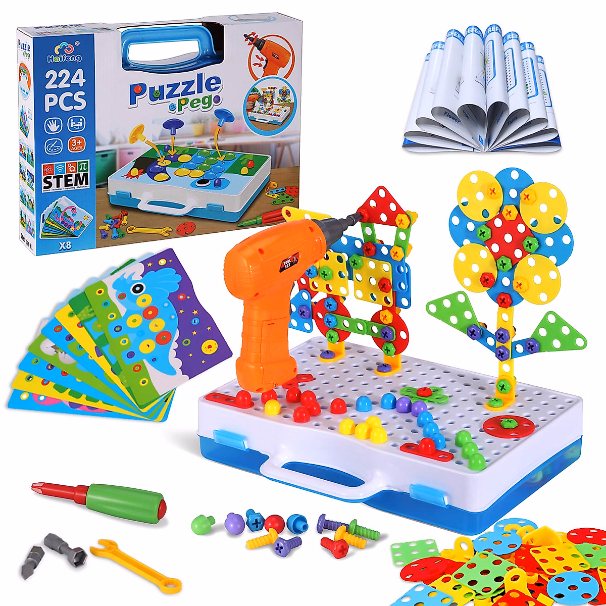 Haifeng STEM Educational Toys for 3-8 Year Old, Creative Mosaic Drill Set for Kids, DIY Electric Drill Puzzle Toys, 3D Construction Games with Toy Drill, Engineering Building Kits for Boys and Girls