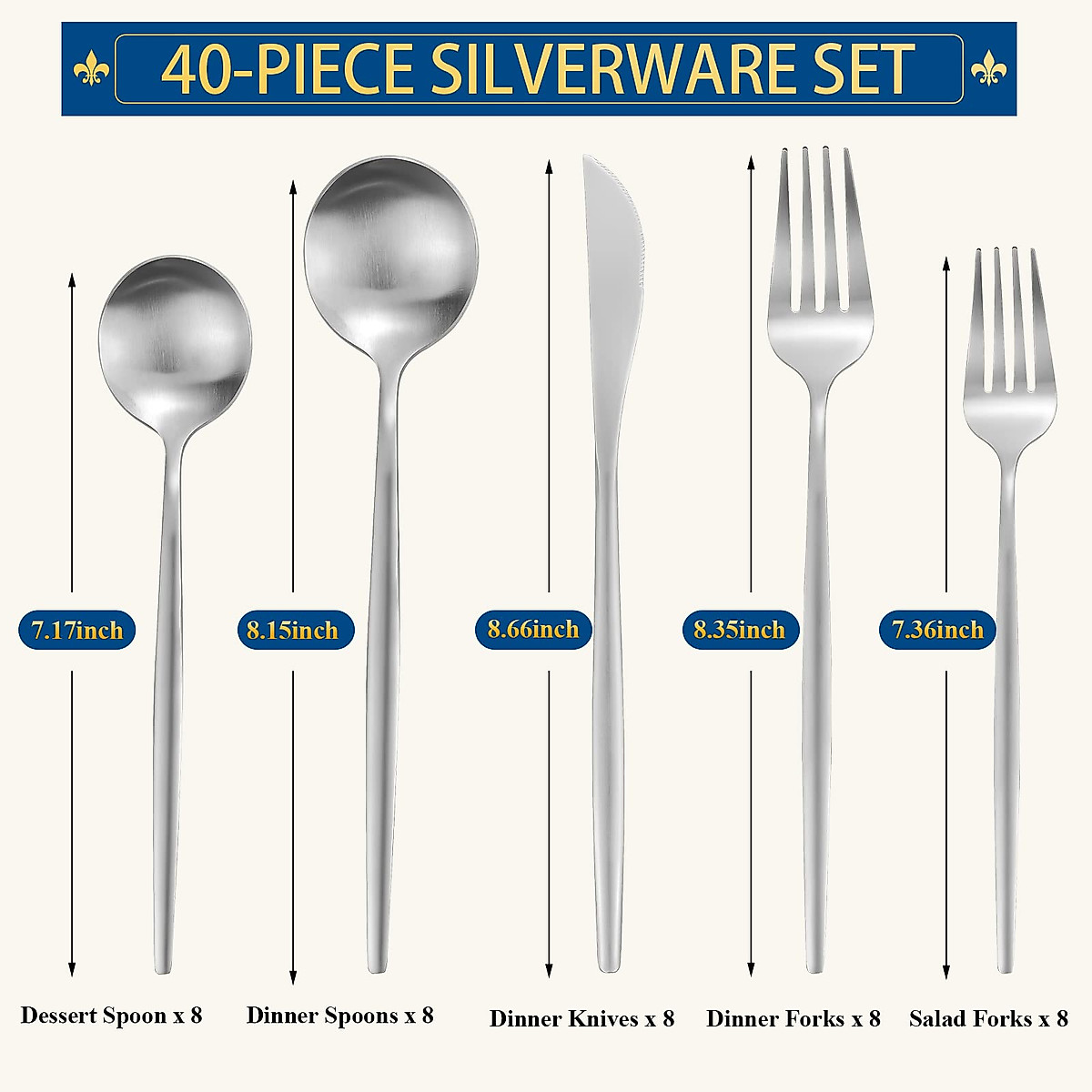 Silverware Set for 8, 40 Piece Flatware Set, Cutlery Tableware set Include Spoons And Forks Set, Stainless Steel Utensil Set, Matte polished Finish, Dishwasher Safe