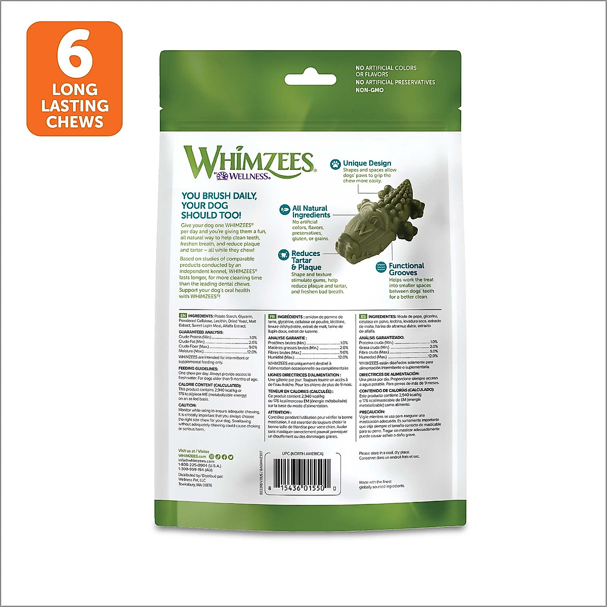 WHIMZEES by Wellness Alligator Natural Dental Chews for Dogs, Long Lasting Treats, Grain-Free, Freshens Breath, Large Breed, 6 count
