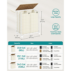 SONGMICS Laundry Hamper, 110L Laundry Basket with Lid, Clothes Hamper with Wheels, Collapsible Removable Liner Bag, Iron-Made Laundry Sorter, Natural Beige and Cream White ULCB211N01