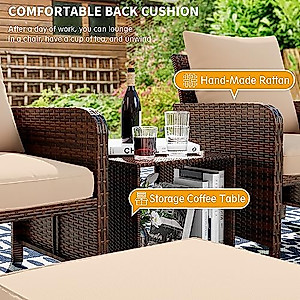 UDPATIO Balcony Furniture 5 Piece Patio Furniture Set, Outdoor Patio Chair with Ottoman for Front Porch Deck, Wicker Lounge Chair with Side Table, Khaki