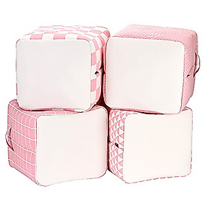 Sea Team Foldable Large Square New Pink and White Geometric Theme 100% Natural Linen & Cotton Fabric Storage Bins Storage Baskets Organizers for Shelves & Desks - Set of 4 (Pink)