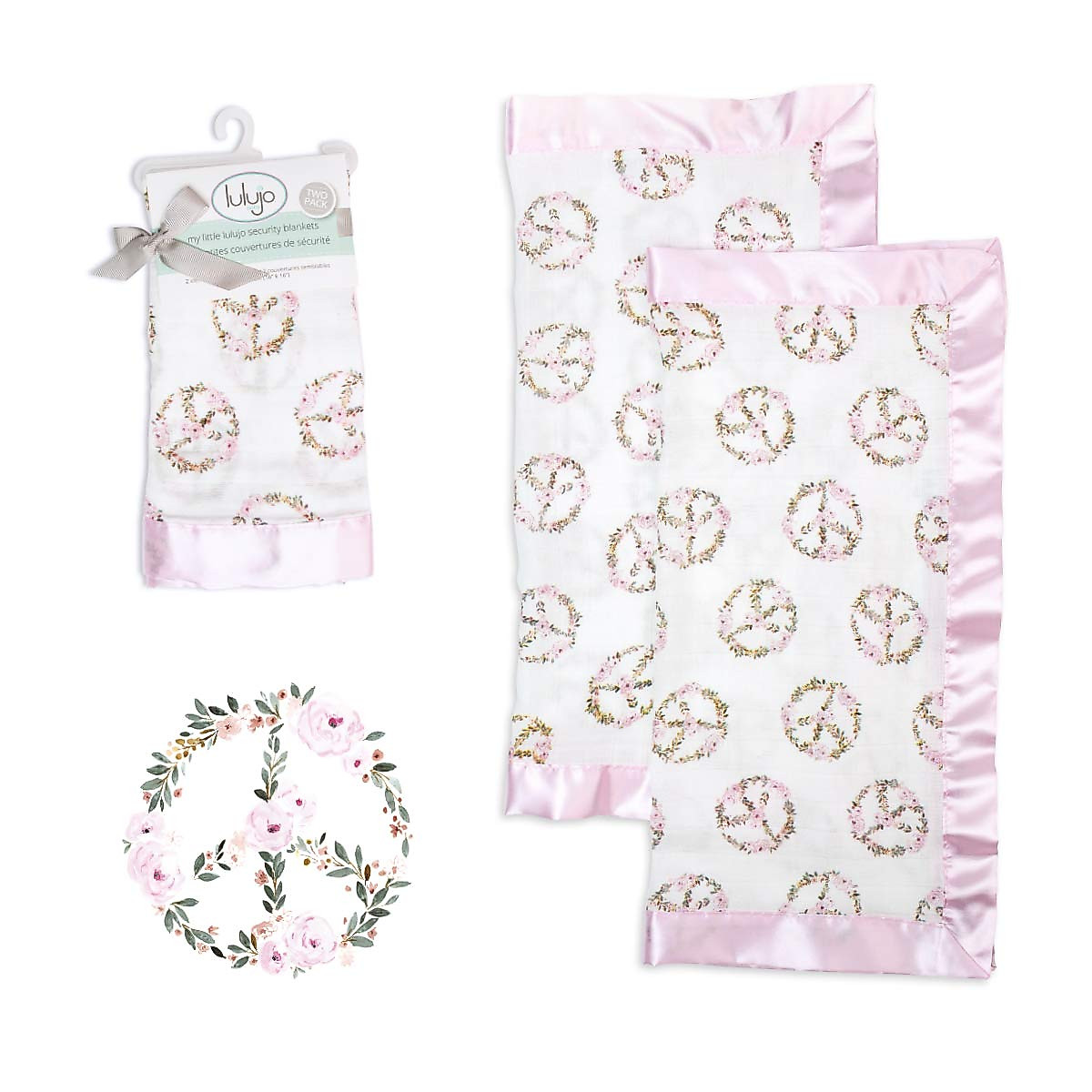 lulujo Baby Security Lovie Blankets| Unisex Softest Breathable Cotton Muslin Security Blanket with Silky Satin Trim| Neutral Comforting Blanket for Girls & Boys | 16in by 16 in| Peace, Twin