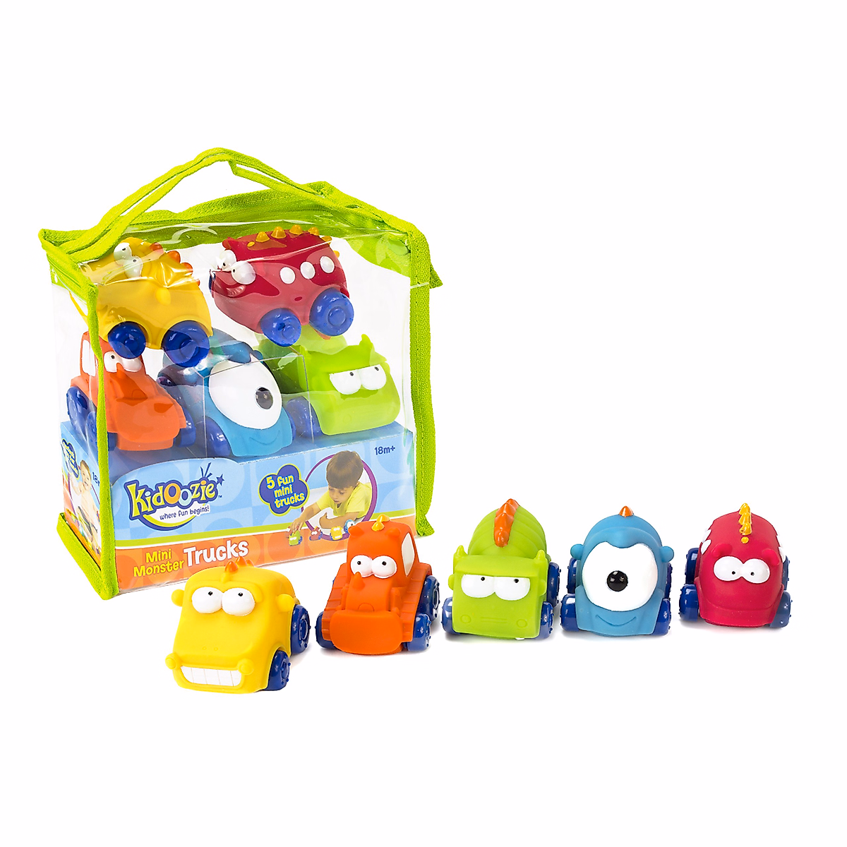 Kidoozie Mini Monster Trucks – Teaches Beneficial Roleplay and Employs Tactile Engagement – Includes Yellow, Orange, Blue, Green, and Red Trucks with Varying Facial Expressions – For Ages 18 Months and Up