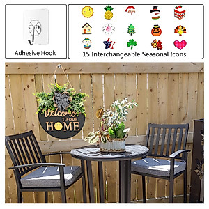 Interchangeable Welcome Sign Front Door Decor,WinGaYe Spring Summer Wood Wreath with 15 pcs Holiday Icons,All Seasons Welcome Wreath Porch Hanging Decoration with Lights for Home Farmhouse