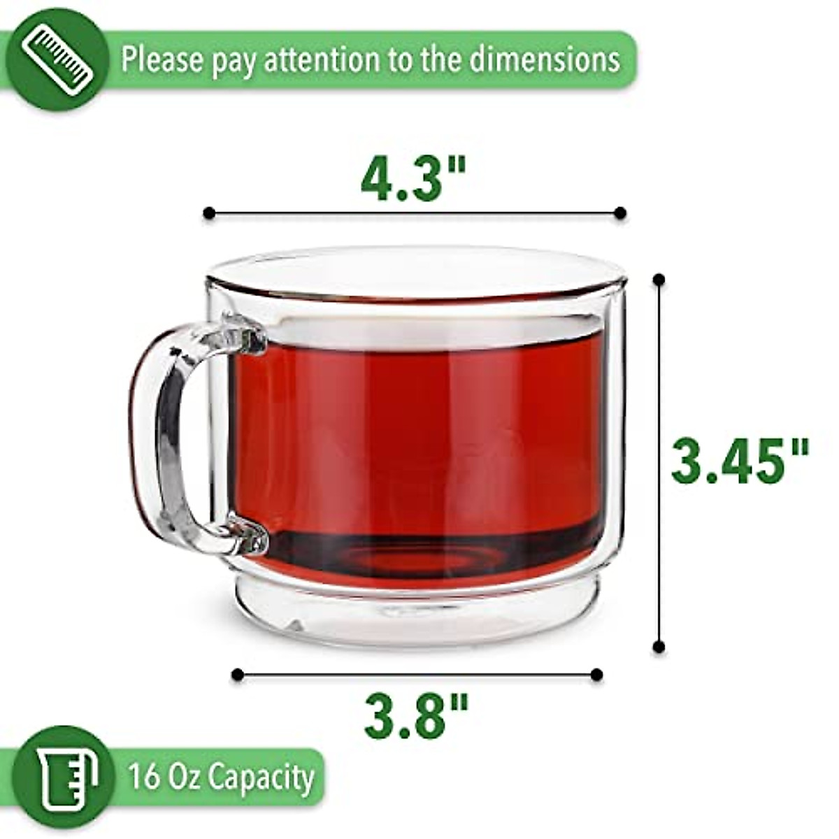 BTaT- Stackable Insulated Coffee Mug, Coffee Glass, Large, Set of 4 (16oz, 500ml), Double Wall Glass Coffee Cups, Tea Cups, Latte Cups, Glass Coffee Mug, Latte Mug, Clear Mugs, Mother's Day Gift