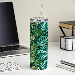 Monstera Leaves Pattern Skinny Tumbler 20oz with Straw Insulated Water Bottle Gift