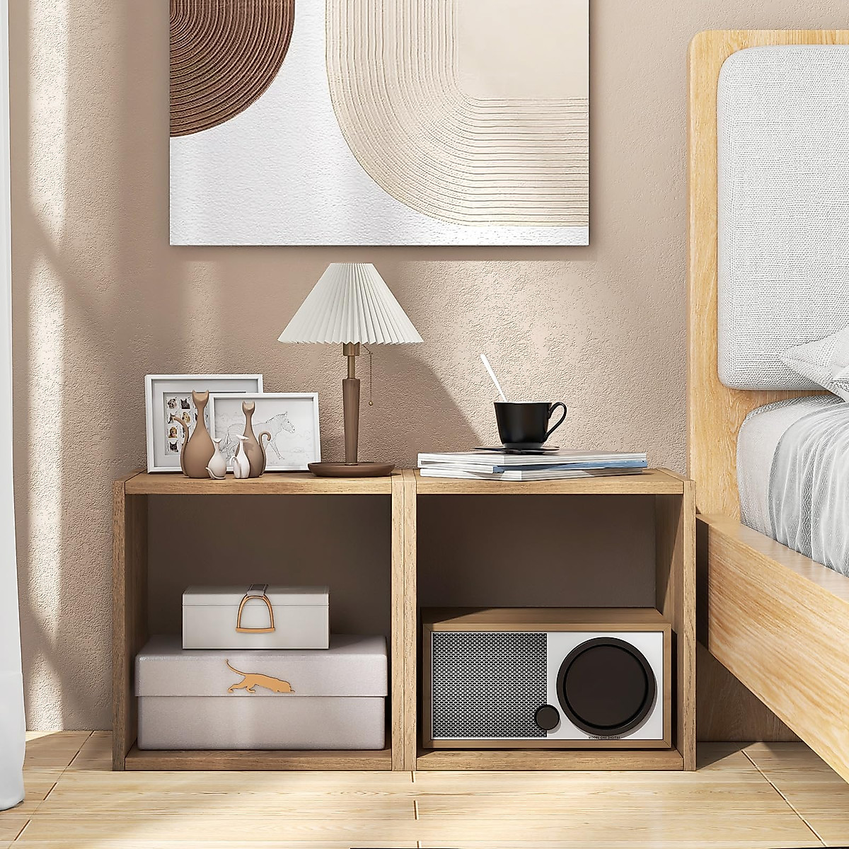 LOKO Stackable 2 Cube Storage Organizer, Freestanding Cubby Storage Bookcase with Anti-toppling Device, 2-Tier Bookshelf, Combinable Record Player Stand for Living Room Bedroom Study (1, Natural)