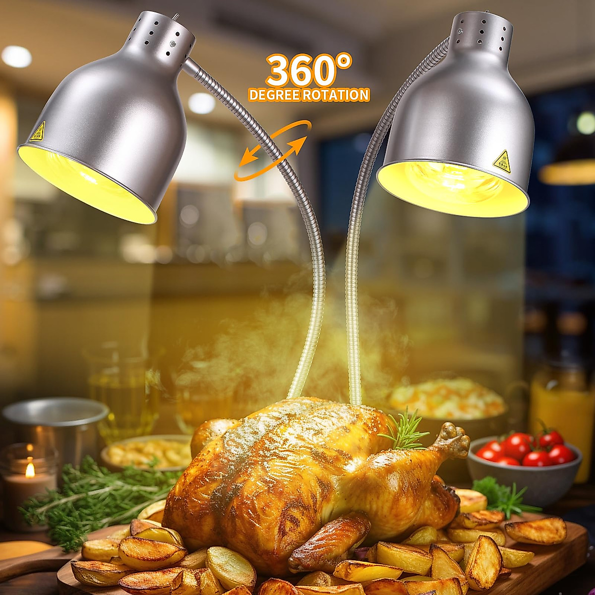 FRYPLS Food Heat Lamp,500W Commercial Grade Adjustable 2-Head Warmer Warming Light with 3- Bulbs,Stainless Free-Standing Catering Heating Lamp for Kitchen Cafeteria Restaurant Buffet