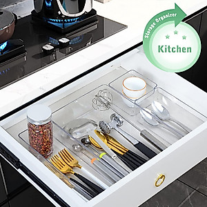 Homzing 4PCS Clear Kitchen Drawer Organizer Set, Silverware Drawer Organizer, Non-Slip Drawer Organizer Trays Dividers for Kitchen Utensils, Bathroom, Bedroom, Office, Makeup Storage