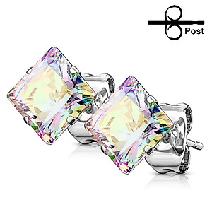 Amelia Fashion 22GA Pair Princess Cut Square Aurora Borealis CZ Earring Studs 316L Surgical Stainless Steel (4mm Aurora Borealis)