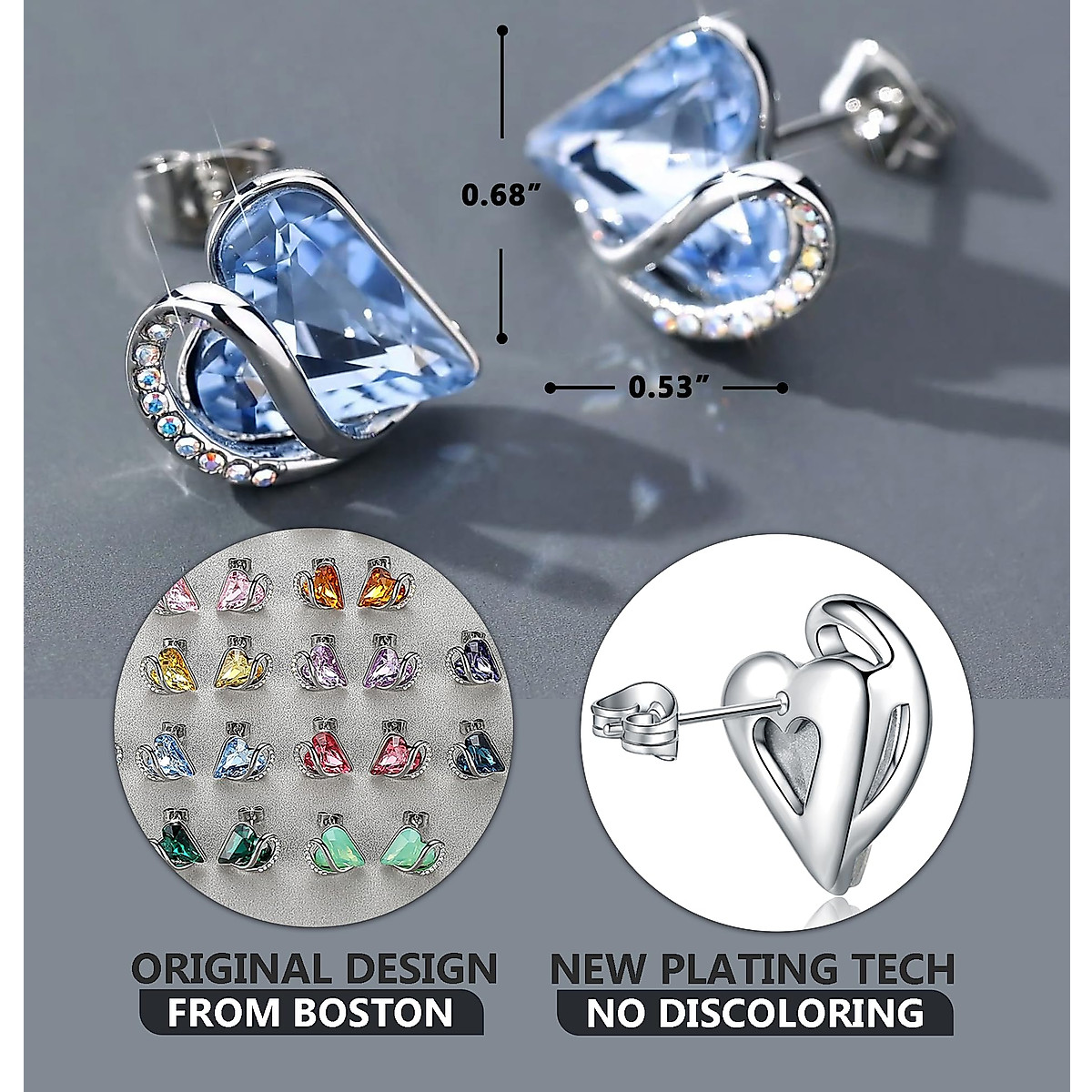 Leafael Infinity Love Heart Stud Earrings for Women, Silver Tone Fashion Statement Jewelry, Birthday Gifts for Mom Wife Her, March & December Birthstone Crystal, Light Sapphire Blue