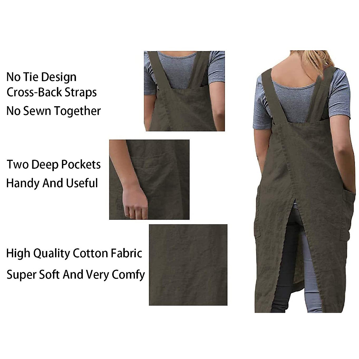 Amlztr Women's Pinafore Apron Cross Back Apron with Pockets Cotton Linen Apron Dress Plus Size