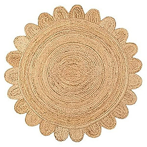 4x4, 5x5, 6x6, Natural Jute Scallop Round Rug, Floor Natural Scalloped Edge Rug Braided Boho Eco Large Circular Handmade Area Rugs (4x4 Ft Round Rug)