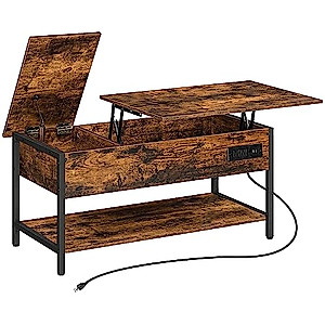 HOOBRO Lift Top Coffee Table, Coffee Table with Charging Station, Coffee Table with Lift Top and Power Outlet, Center Table for Living Room, Office, Reception Room, Rustic Brown and Black BF05UKF01