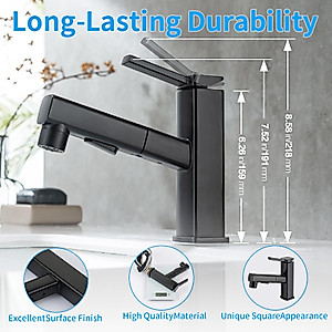 HANLIAN Single Hole Pull Out Faucet for Bathroom Sink, Black Sink Faucet Bathroom, One Handle Modern Bathroom Faucet with Pull Down Sprayer, 3 Modes Bathroom Pull Out Faucet with Rotating Spout