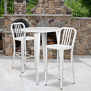 Flash Furniture Commercial Grade 30" Round White Metal Indoor-Outdoor Bar Table Set with 2 Vertical Slat Back Stools