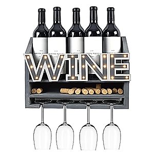 Shikha LED Wooden Wall Mounted Wine Rack and Glass Holder –Rustic Wine Bottle & Glass Holder & Wine Cork Storage Modern Home Decor 5 Bottle and 4 Glass Holder