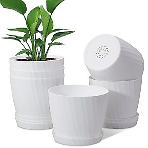 UOUZ 6'' Plant Pots Bulk, 6 Pack Plastic Planters with Drainage Holes and Saucers for Indoor Outdoor House Plants and Flowers, White