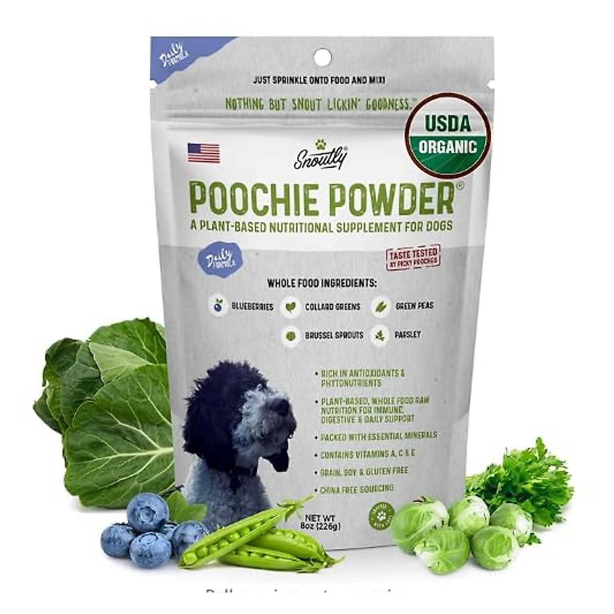 Snoutly Poochie Powder: USDA Certified Organic Dog Supplement & Super Multivitamin - Mother Nature's Vitamins & Minerals for All Dogs & All Ages, Nutritional & Digestion Support, RAW Superfood