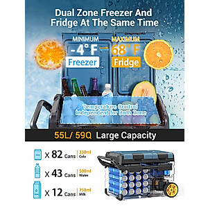 Rock&Rocker 12 Volt Car Refrigerator,59 Quart (55L) 12v Portable refrigerator,Car Fridge Freezer, -4℉-68 Car Cooler 12/24V DC and 100-240V AC for RV, Outdoor Camping APP Control