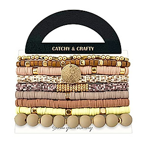 CATCHY & CRAFTY Bracelet Heishi Stretch Stackable Layering Beaded Colorful Bracelets Women Boho Friendship Gift (Brown Multi 02)