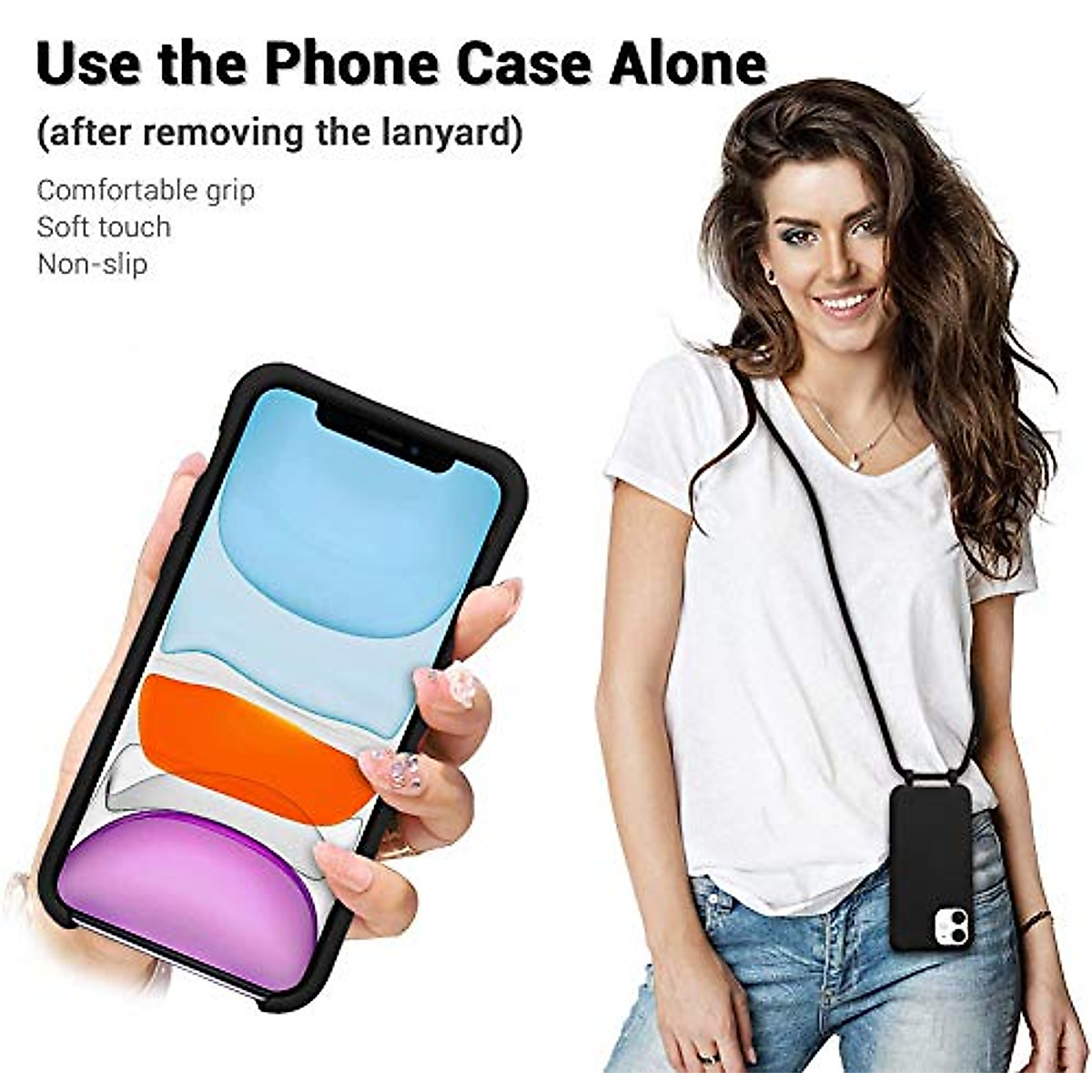 Mobile Phone Chain Case Compatible with Apple iPhone 11 Necklace Case Nylon Shoulder Strap Soft Silicone TPU Cover with Cord for Hanging Protective Case with Stylish Strap (Black)