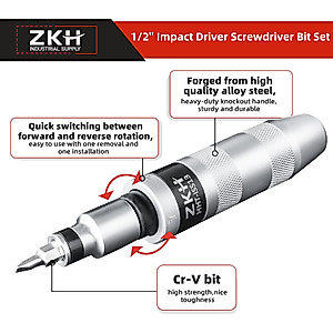 ZKH 1/2" CR-V Hand Impact Screwdriver, Manual Reversible Impact Driver Includes 12-Piece Slotted, Phillips, Hexagonal Bit Set, Disengage Rusted Fasteners or Frozen Bolts, Ideal Hand Tool for Men, Dad