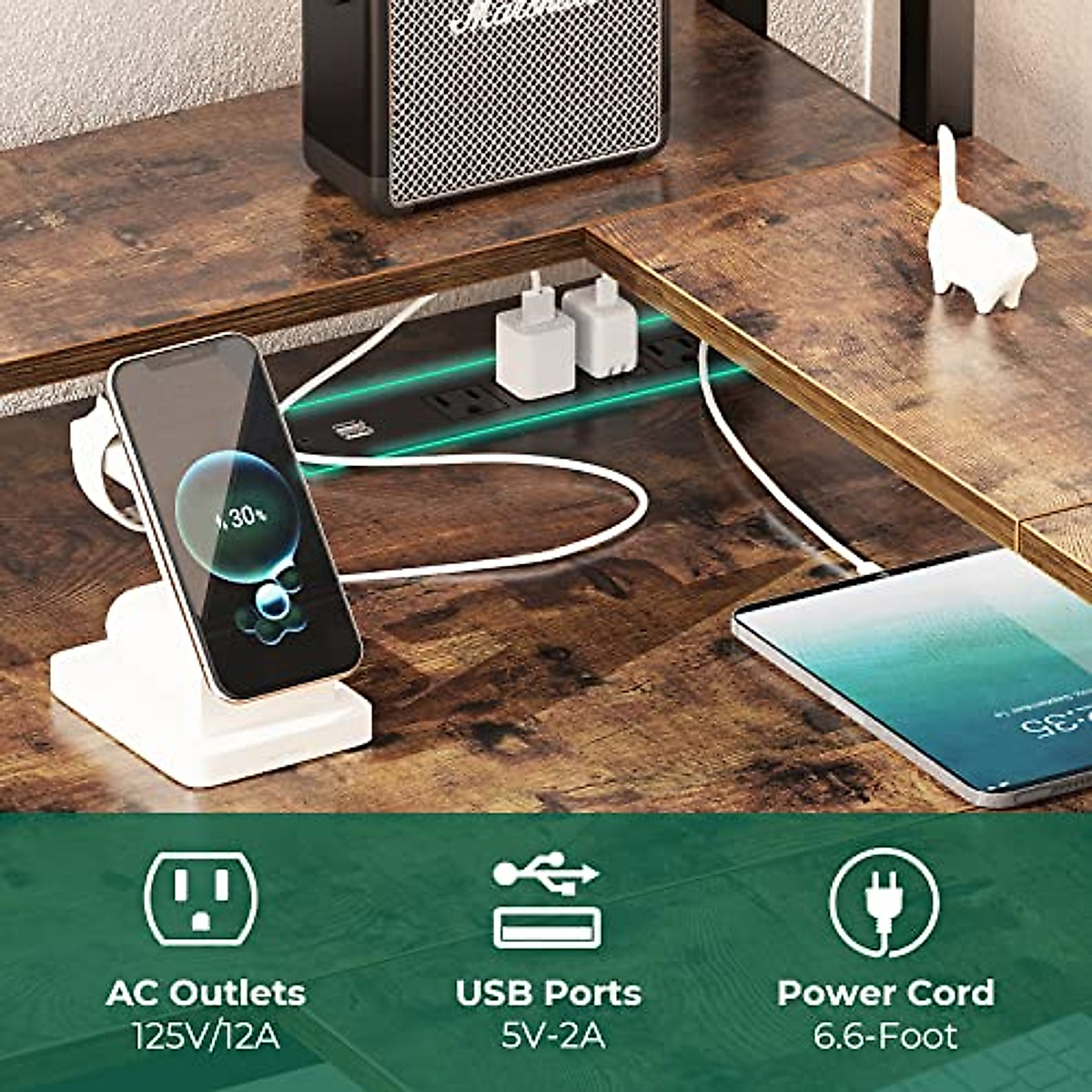 Huuger L Shaped Desk Computer Desk with LED Lights & Power Outlets Nightstand with Charging Station