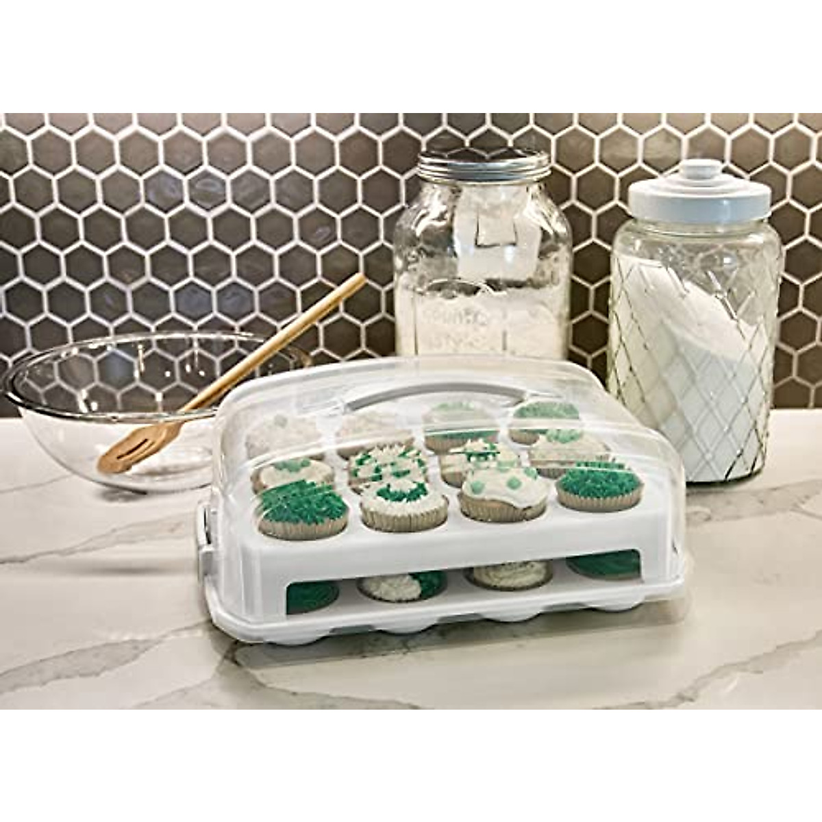 Top Shelf Elements Cupcake Carrier, Fashionable White Cupcake Holder Carries 24 Standard-Size Cupcakes, Durable Muffin Traveler Two Tier Stand and Reusable Cupcake Box