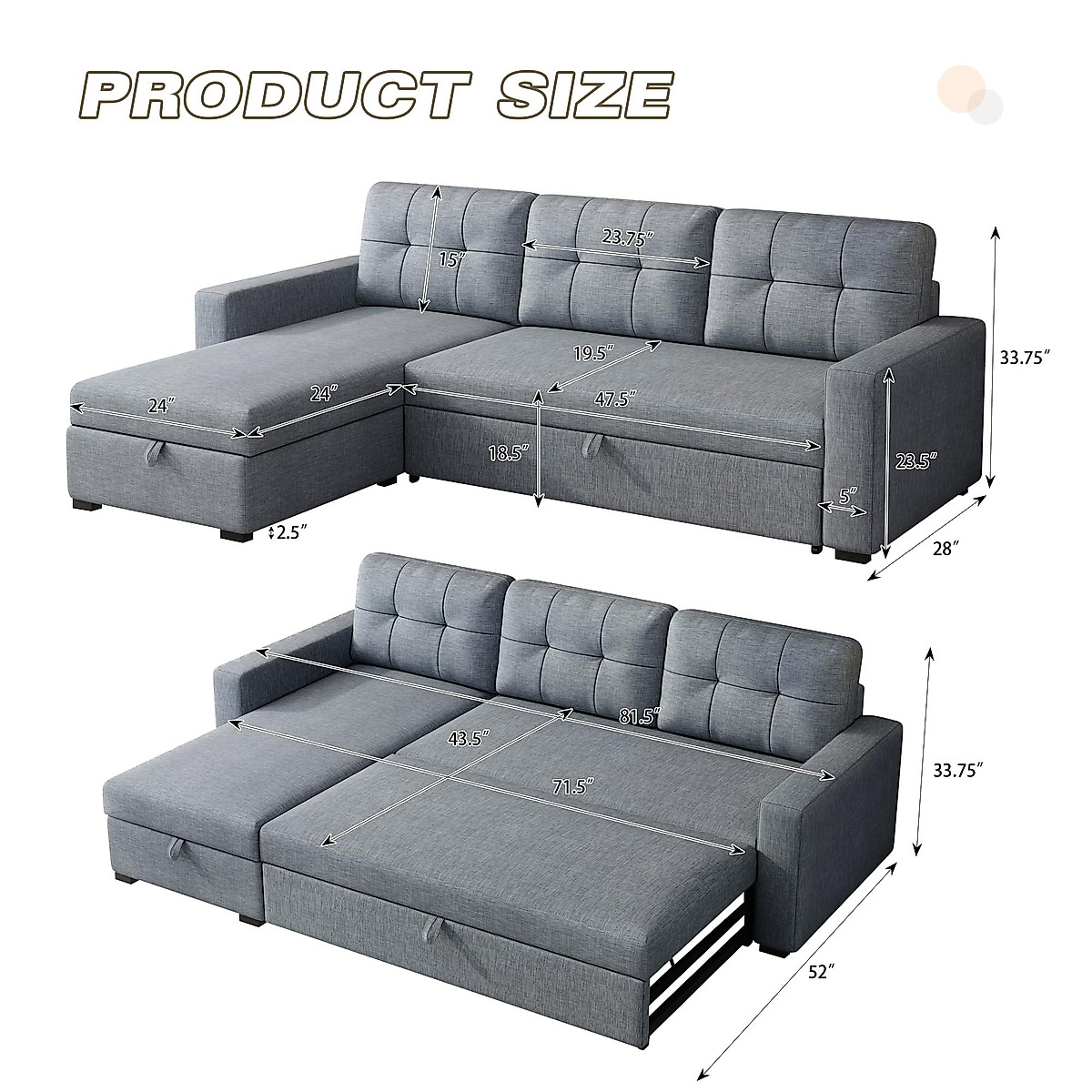 ACQCA 81.5" Sectional Sleeper Sofa with Storage Chaise, L Shaped Pull Out Couch Bed with 3 Removable Back Cushion for Living Room,Apartment,Office,Light Grey