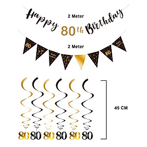 80th Birthday Decoration Kit, Happy 80th Birthday Banner Bunting Swirls Streamers, Triangle Flag Banner for Birthday Party Decorations Supplies Black and Gold 80th