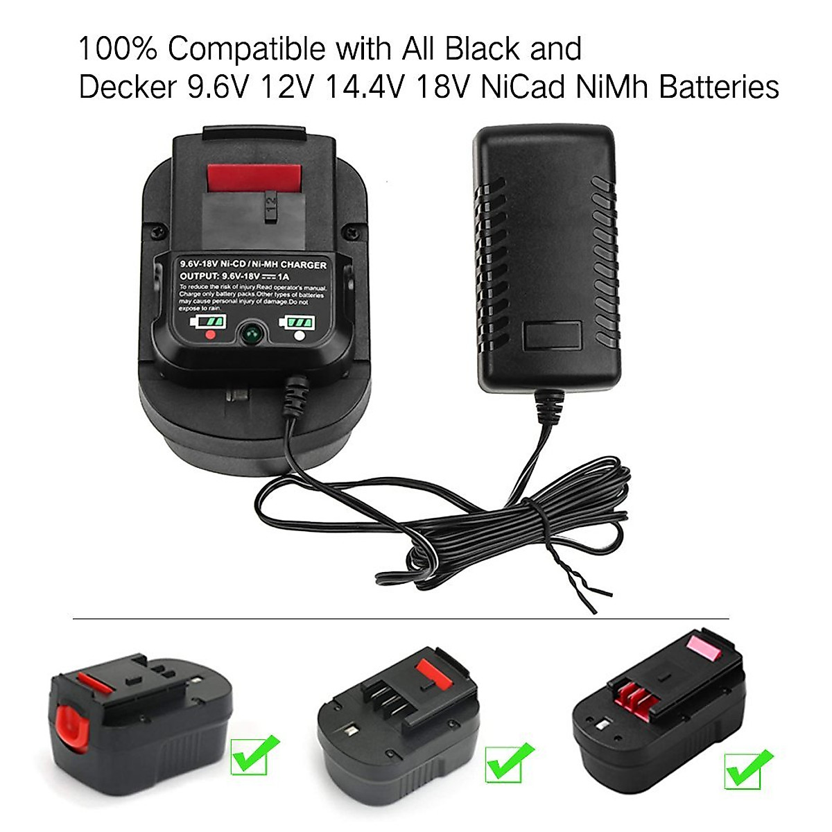 Replacement for Black and Decker 9.6V-18V Battery Charger: 90571729, 90556254-01, 90592360-01 Compatible with Black and Decker 18V 14.4V 12V 9.6V NiCad & NiMh Battery