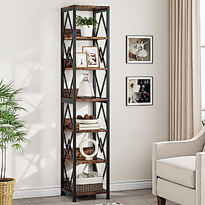 Tribesigns 6-Tier Bookshelf Storage Shelves: 75 Inches Tall Narrow Bookcase with Heavy Duty Metal Frame, Skinny Open Storage Display Rack for Living Room, Bedroom, Kitchen, Bathroom, Brown