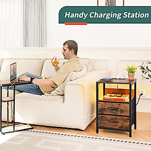 Yoobure Nightstand with Charging Station, LED Night Stand with Fabric Drawers and Storage Shelf for Bedroom, Nightstands Bedside Tables with USB Ports & Outlets, Small Night Stands, Bed Side Table