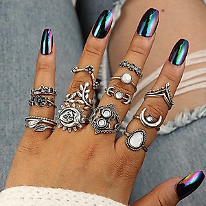 Yokawe Vintage Crystal Rings Set Silver Boho Rhinestone Finger Rings Star Moon Knuckle Ring Gem Joint Ring Stacking Midi Rings Jewelry for Women(14 PCS)