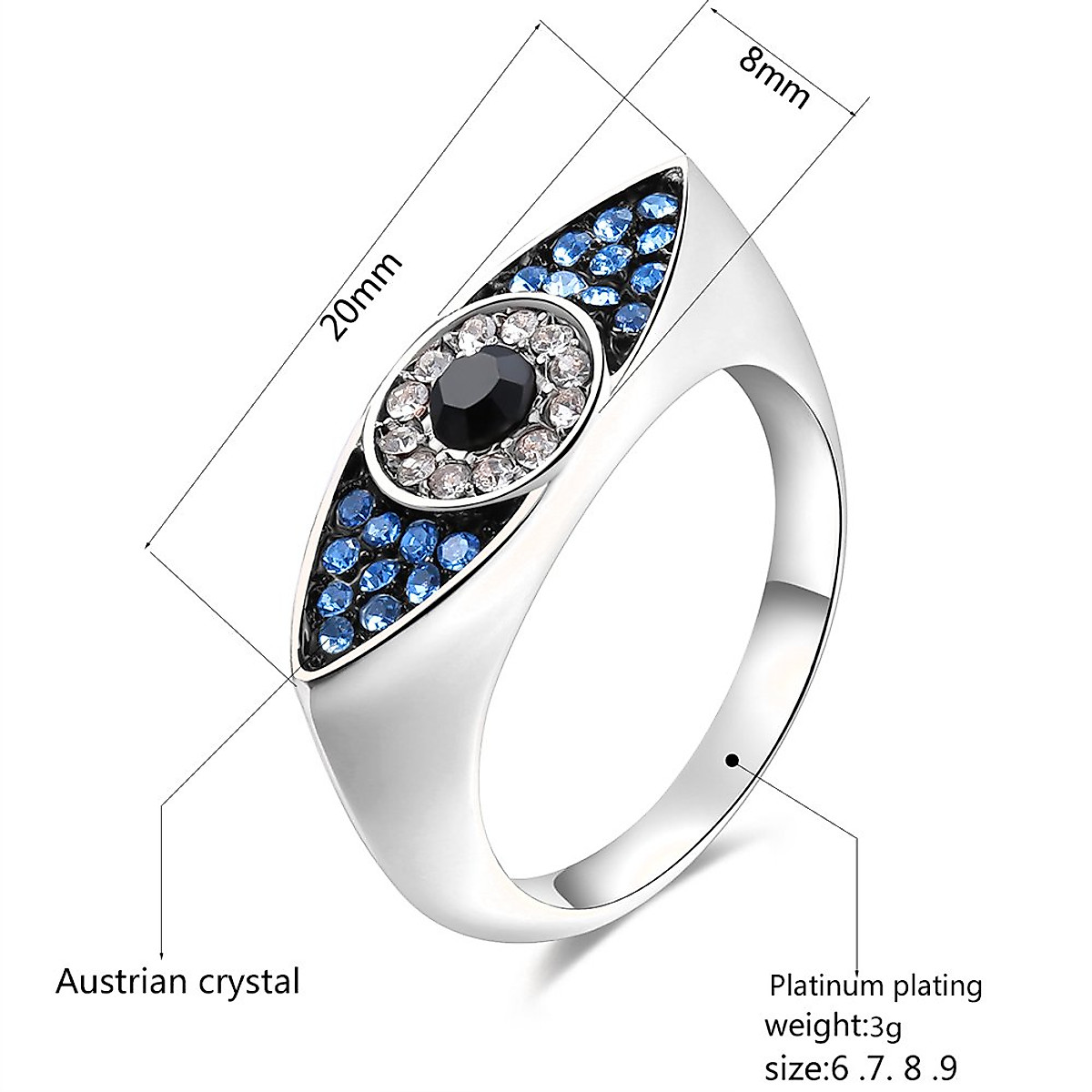 ERLUER Women's Evil eye Rings CZ Crystals Rose Gold Platinum Plated Wedding Jewelry Finger Ring For Women (Platinum Plated, 7)