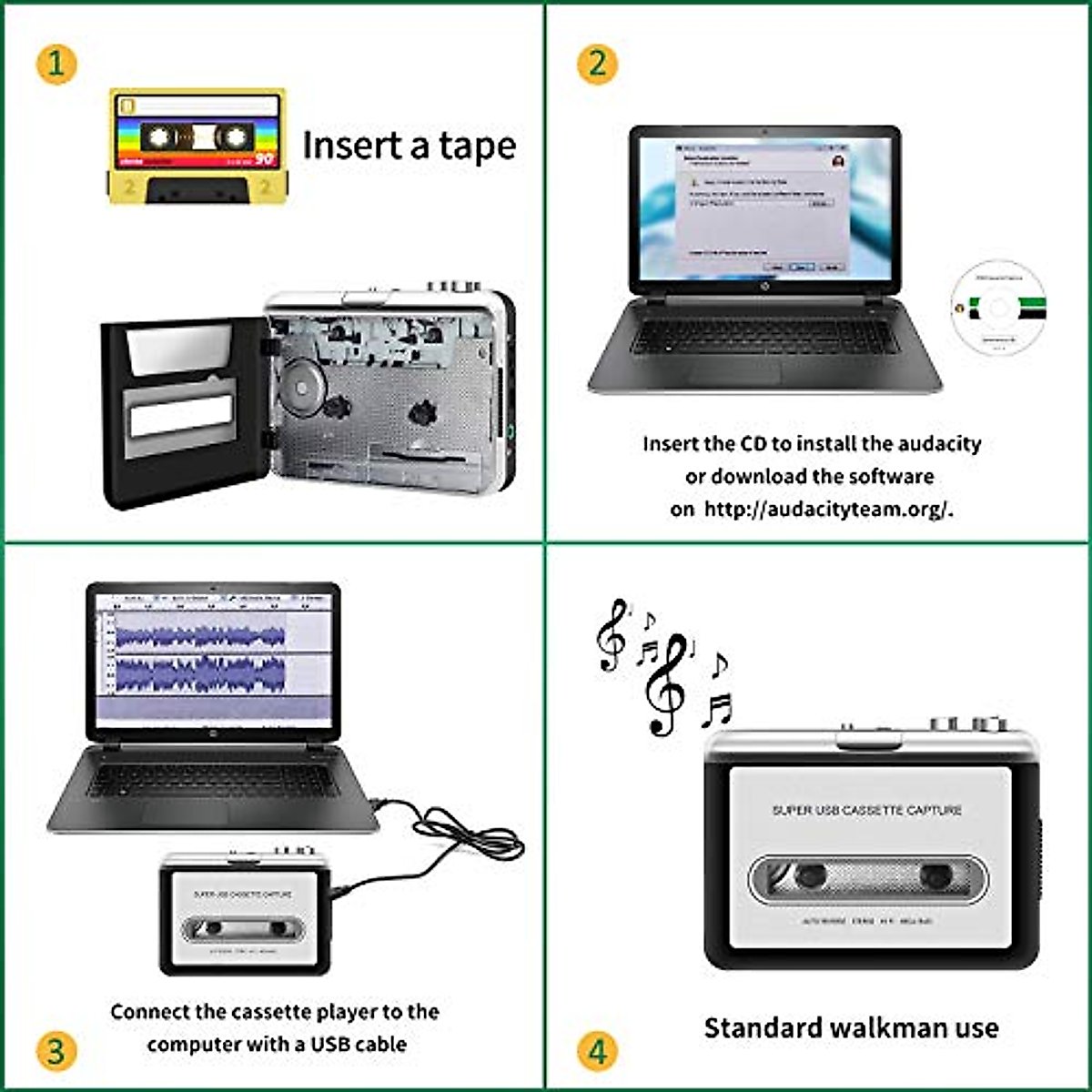 Reshow Cassette Player – Portable Tape Player Captures MP3 Audio Music via USB – Compatible with Laptops and Personal Computers – Convert Walkman Tape Cassettes to iPod Format (Silver)