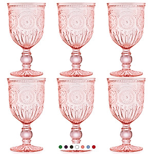 Pink Glassware Bundle - Vintage Glassware Collection for Party - Wine Glasses Set of Pink Goblets and 6 Pink Tall Tumblers - Matching Pink Drinking Glasses with Sunflower Emboss Design