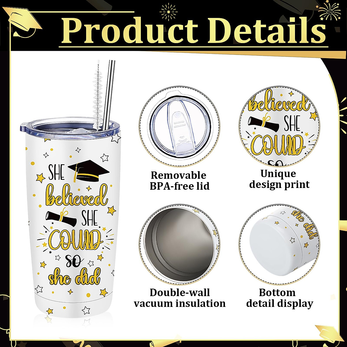 Ovveroche 8 Pack 2025 Graduation Gifts 20oz Graduation Tumblers with Lids Straws Brushes, Stainless Steel Insulated Coffee Mug Graduation Keepsake Grad Gift Graduation Party Supplies
