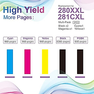 Ubinki Compatible Ink Cartridge Replacement for Canon PGI-280XXL CLI-281XXL 280 XXL 281 XXL Compatible to PIXMA TR7520 TR8520 TR8620 TS6120 TS6220 TS6320 TS8120 TS8220 TS8320 TS9120 (5 Pack)