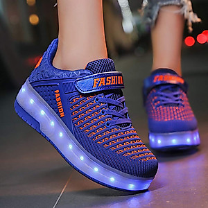 Qneic Kids Roller Shoes USB Charging Double Wheels Skate Shoes for Boys Girls Sneakers Outdoor Sports Shoes LED Lights up Skates Size 3.5 Blue