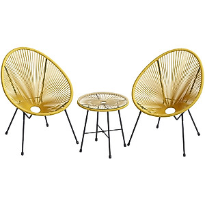 SONGMICS 3-Piece Outdoor Seating Acapulco Chair, Modern Patio Furniture Set, Glass Top Table and 2 Chairs, Indoor and Outdoor Conversation Bistro Set, Yellow UGGF011Y01