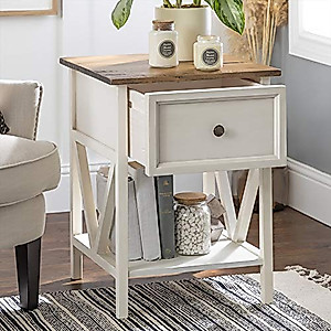 Walker Edison Natalee Modern Farmhouse 1 Drawer Wood Square Side Table Living Room Small End Accent Table, 19 Inch, Rustic Oak and White