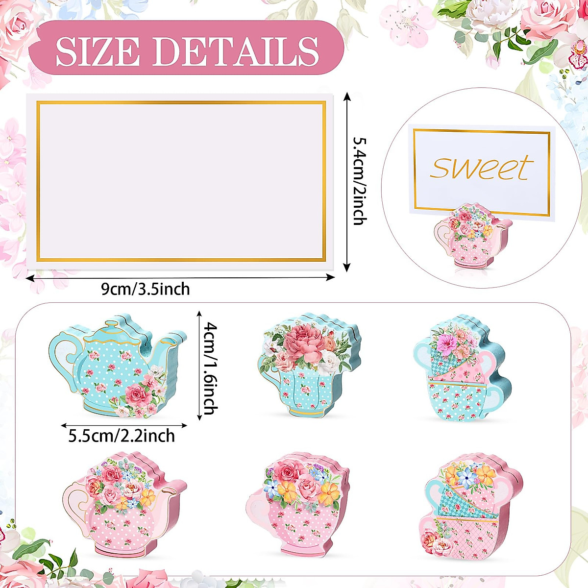 Kigley 18 Pcs Teapot Wooden Place Card Holder with 25 Pcs Gold Foil Card Tea Floral Party Wooden Table Sign Teapot Picture Number Sign Stands Holder for Wonderland Tea Party Baby Shower (Stylish)