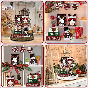 Guoofu Christmas Tiered Tray Decor, Farmhouse Xmas Santa Claus Snowman Tray Decorations Set, Red Buffalo Plaid Elk Candy Wooden Signs, Winter Holiday Home Decor for Tabletop Shelf Mantel